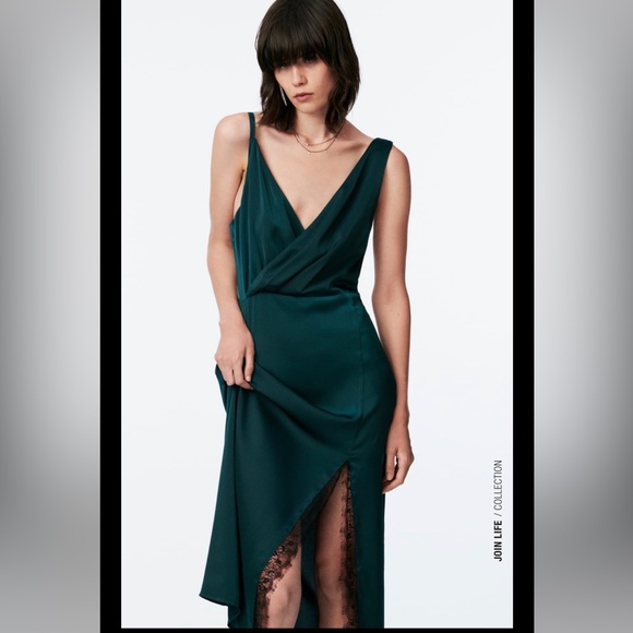 Zara | Dresses | Zara Dark Green Satin Dress | Poshmark